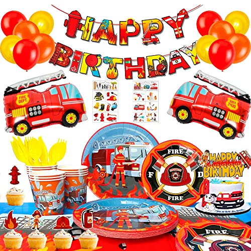 Fire Truck Birthday Party Supplies,155pcs Fire Truck Birthday Party Decorations for Boys-Firetruck Birthday Decorations Balloons Plates Napkins Tablecloth etc Fire Truck Themed Birthday Party Supplies