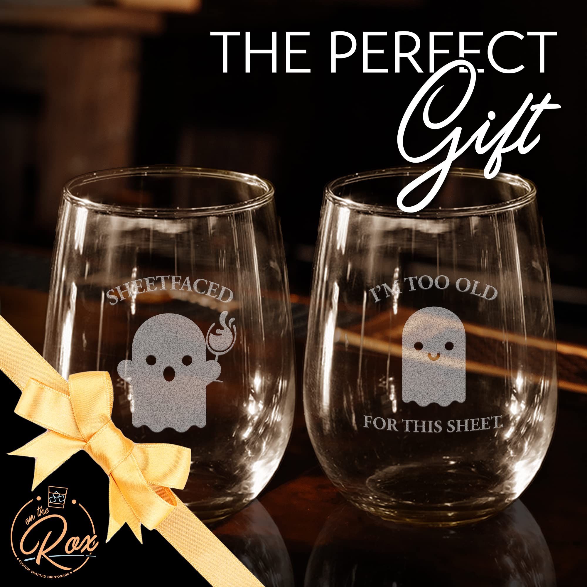 On The Rox Drinks Halloween Wine Glass Gifts for Women - I'm Too Old For This Sheet Sheet Faced 2PC Wine Glass Set - Halloween Cups, Halloween Tumbler, Drinking Glassware - Spooky Ghost Gifts