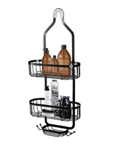 innovatronic bathroom hanging shower organizer, over head shower caddy basket with hooks for razor and sponge, rustproof, anti-swing (black)