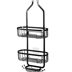 Innovatronic Bathroom Hanging Shower Organizer, Over Head Shower Caddy Basket with Hooks for Razor and Sponge, Rustproof, Anti-Swing (Black)