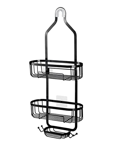 Innovatronic Bathroom Hanging Shower Organizer, Over Head Shower Caddy Basket with Hooks for Razor and Sponge, Rustproof, Anti-Swing (Black)