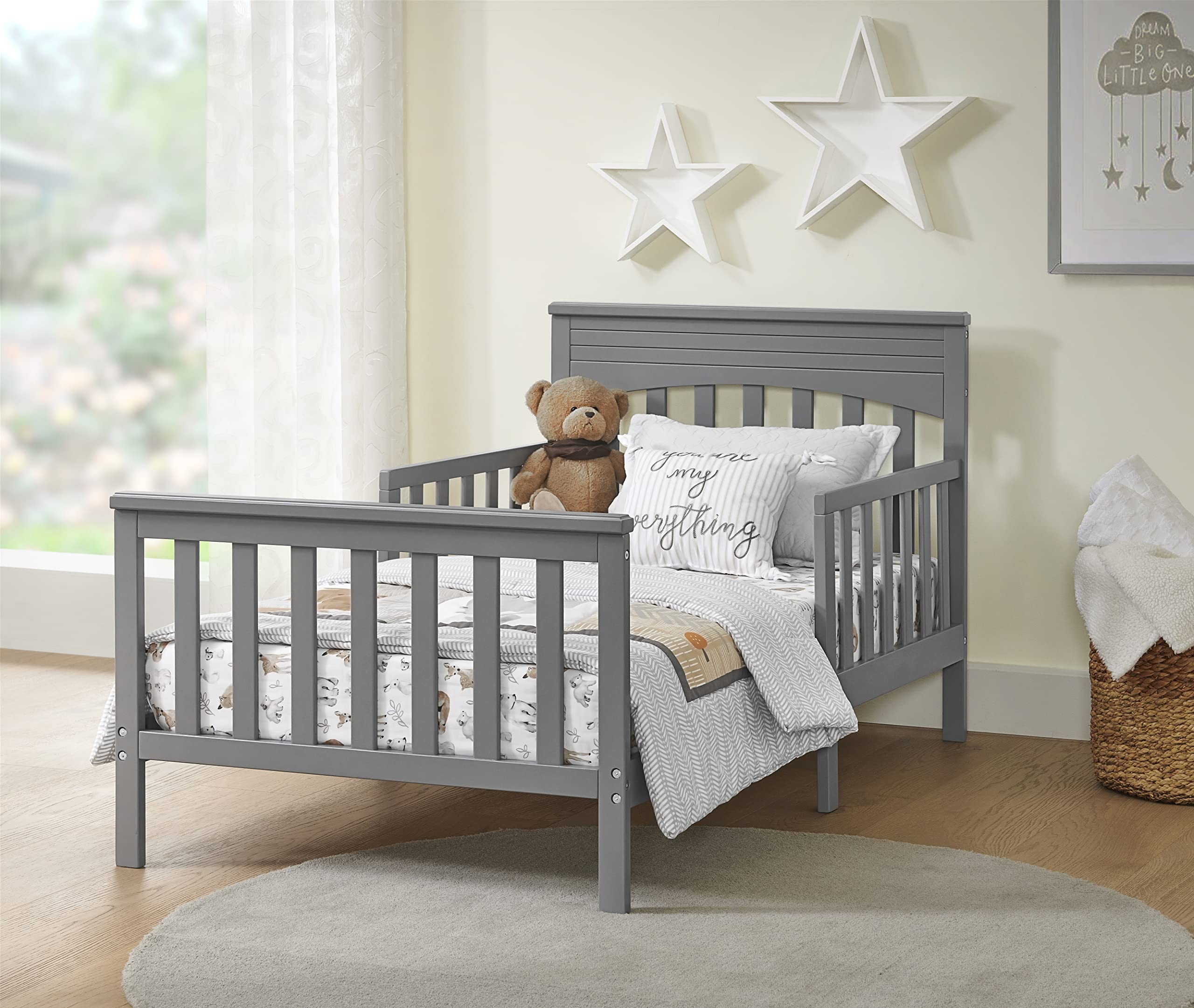 Oxford Baby Harper Wood Frame Toddler Bed with Guardrails and Flat-Top -Headboard, Dove Gray