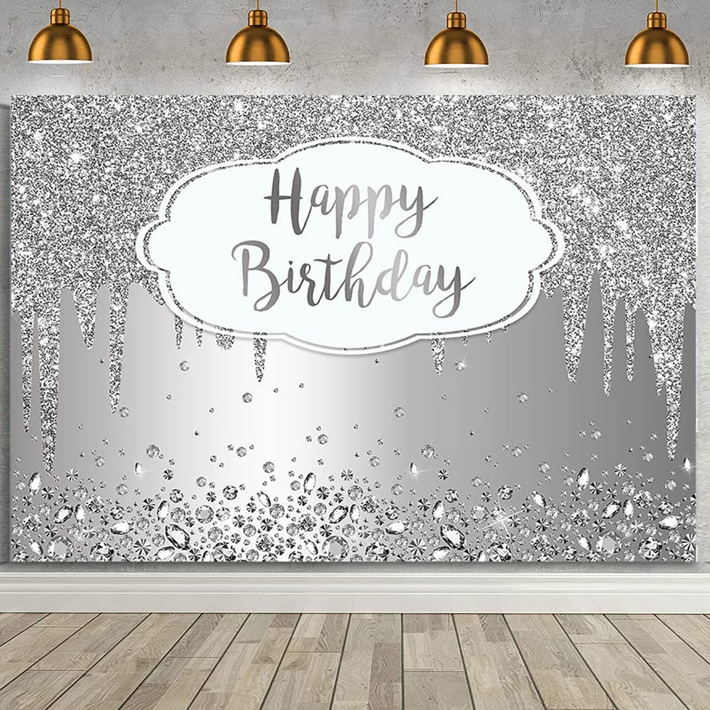 AIBIIN Silver Birthday Backdrop for Women Girl Silver Theme Birthday Party Decorations Supplies Silver Happy Birthday Banner Glitter Crystal Diamond Printing Fabric Photo Booth Props 7x5ft