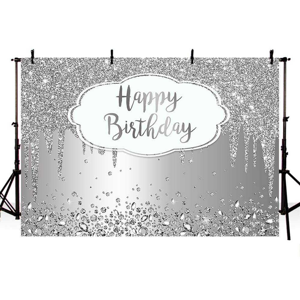 AIBIIN Silver Birthday Backdrop for Women Girl Silver Theme Birthday Party Decorations Supplies Silver Happy Birthday Banner Glitter Crystal Diamond Printing Fabric Photo Booth Props 7x5ft