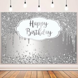 AIBIIN Silver Birthday Backdrop for Women Girl Silver Theme Birthday Party Decorations Supplies Silver Happy Birthday Banner Glitter Crystal Diamond Printing Fabric Photo Booth Props 7x5ft