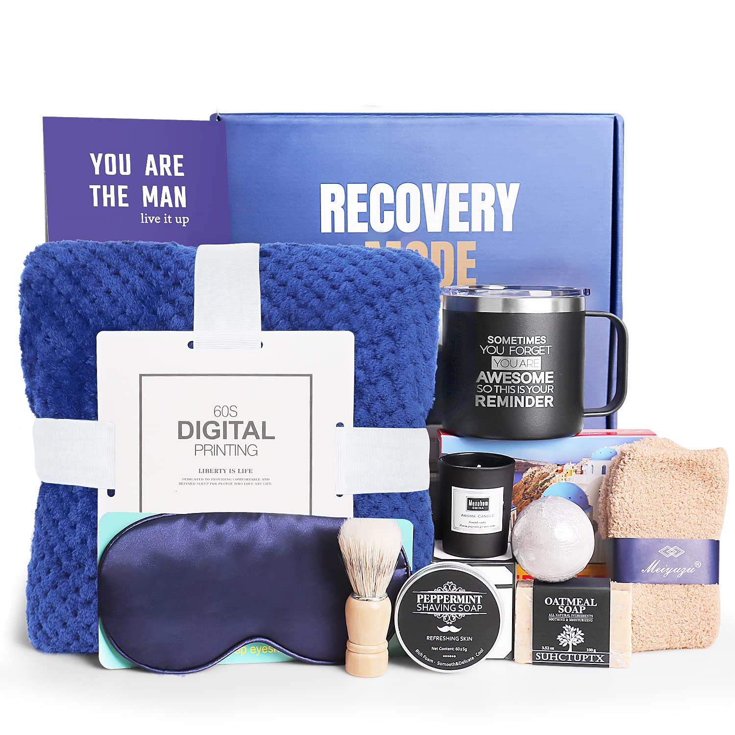 Get Well Soon Gifts for Men, 10 Pieces Sick Care Package for Men, Unique Gifts Baskets with Throw Blanket 14oz Insulated Mugs for After Surgery Recovery Cancer Chemo Sympathy Inspirational