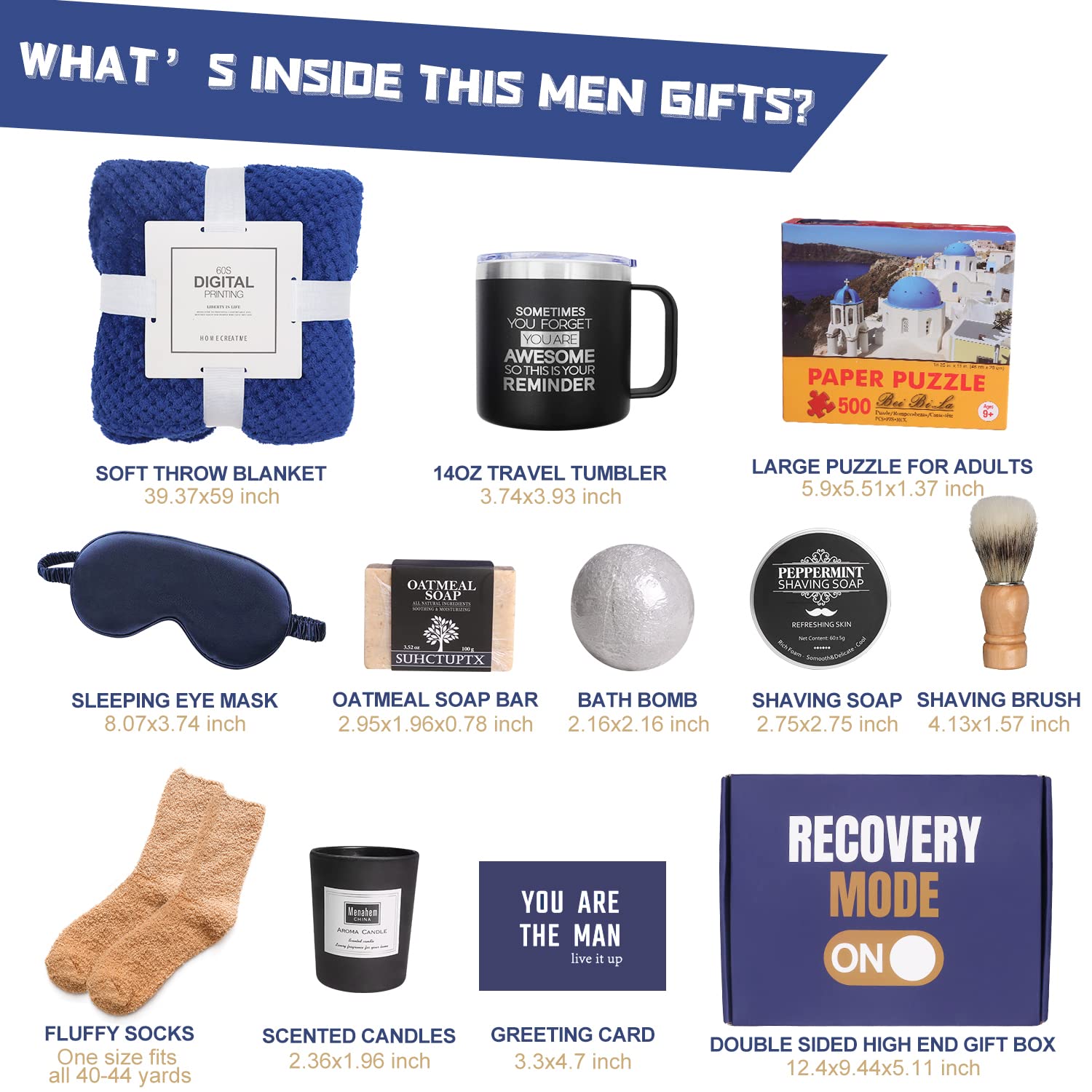 Get Well Soon Gifts for Men, 10 Pieces Sick Care Package for Men, Unique Gifts Baskets with Throw Blanket 14oz Insulated Mugs for After Surgery Recovery Cancer Chemo Sympathy Inspirational