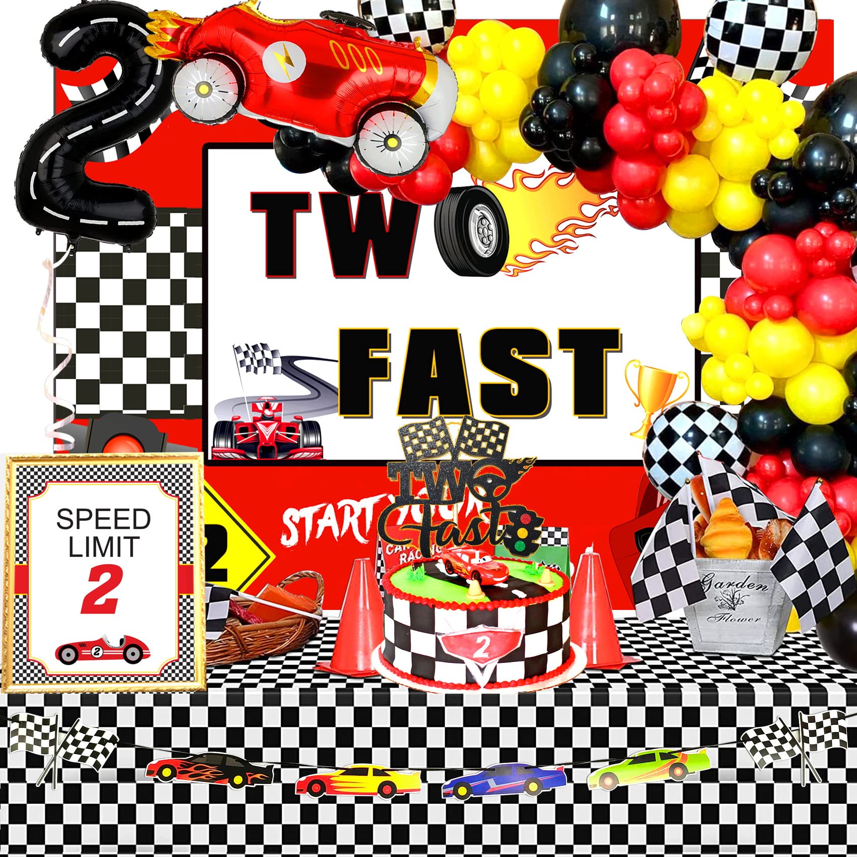 Two Fast Birthday Decorations, Racing Car Theme 2nd Birthday Party Decorations, Two Fast Cake Topper, Tablecloth, Balloons Garland, Two Fast Banner for Two Fast Two Curious Birthday Decorations