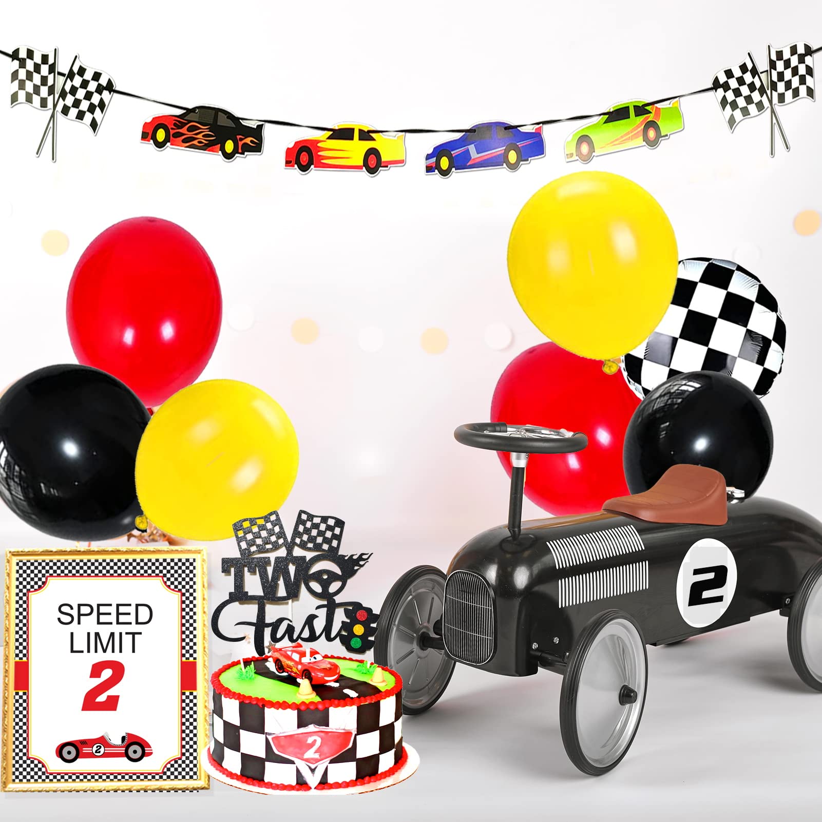 Two Fast Birthday Decorations, Racing Car Theme 2nd Birthday Party Decorations, Two Fast Cake Topper, Tablecloth, Balloons Garland, Two Fast Banner for Two Fast Two Curious Birthday Decorations