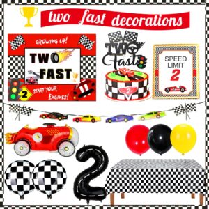 Two Fast Birthday Decorations, Racing Car Theme 2nd Birthday Party Decorations, Two Fast Cake Topper, Tablecloth, Balloons Garland, Two Fast Banner for Two Fast Two Curious Birthday Decorations