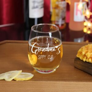 Grandma's Gift Sippy Cup Wine Glass for Women, Grandma, New Grandma, Grandmother, Funny Grandma Gifts from Grandson Granddaughter Stemless Wine Glass for Mother's Day Birthday Christmas 15 Oz