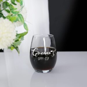 Grandma's Gift Sippy Cup Wine Glass for Women, Grandma, New Grandma, Grandmother, Funny Grandma Gifts from Grandson Granddaughter Stemless Wine Glass for Mother's Day Birthday Christmas 15 Oz