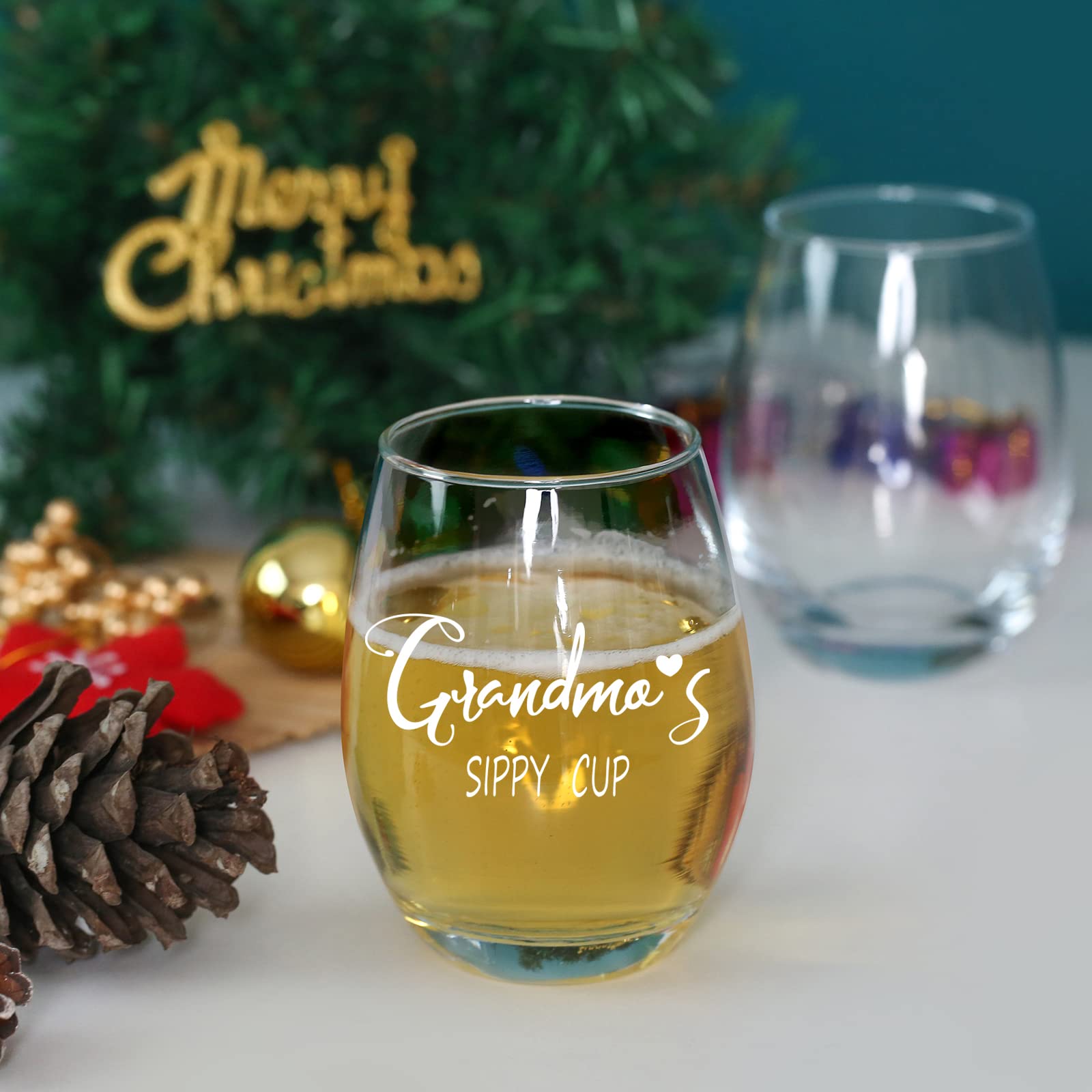 Grandma's Gift Sippy Cup Wine Glass for Women, Grandma, New Grandma, Grandmother, Funny Grandma Gifts from Grandson Granddaughter Stemless Wine Glass for Mother's Day Birthday Christmas 15 Oz