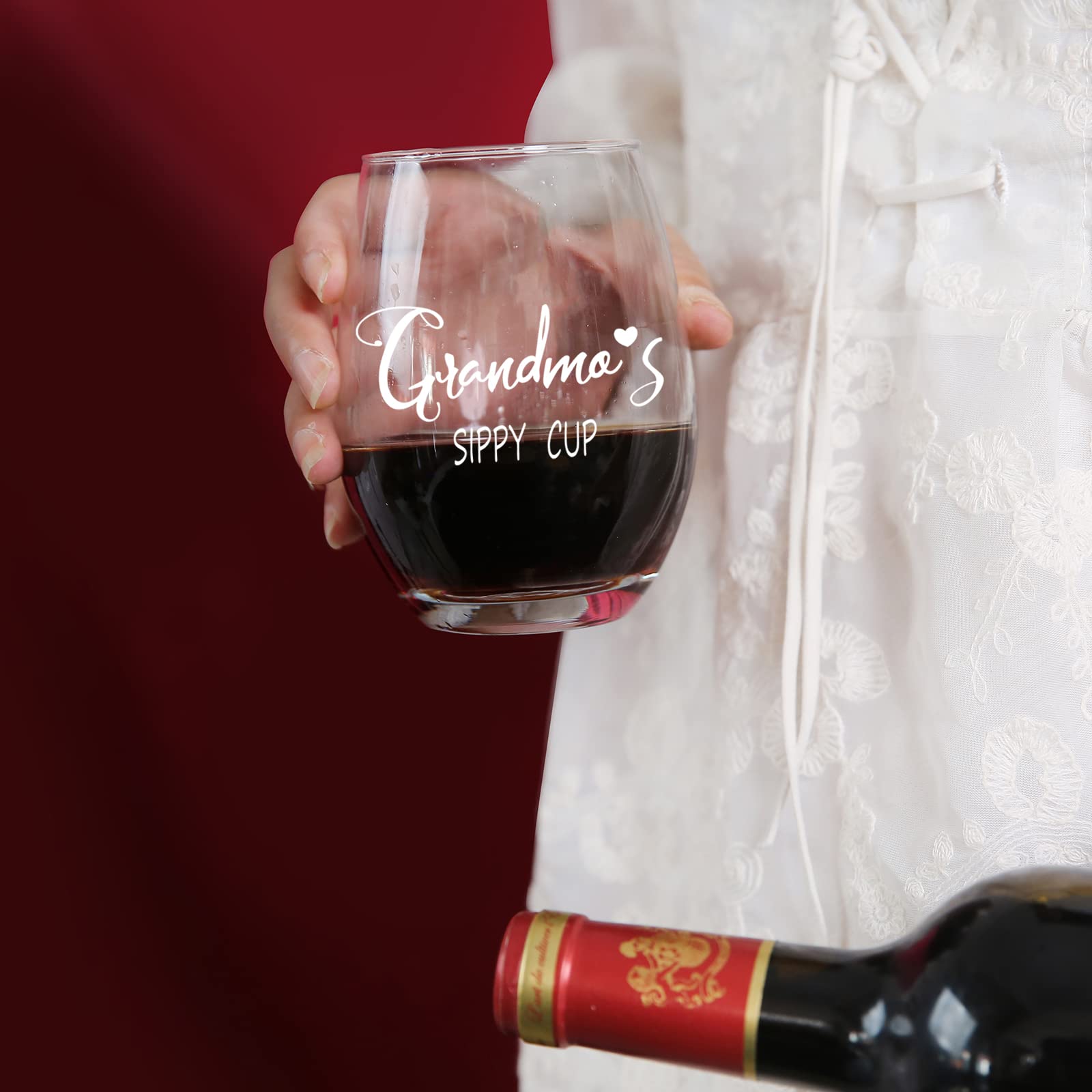 Grandma's Gift Sippy Cup Wine Glass for Women, Grandma, New Grandma, Grandmother, Funny Grandma Gifts from Grandson Granddaughter Stemless Wine Glass for Mother's Day Birthday Christmas 15 Oz