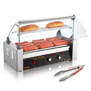 vevor hot dog roller 5 rollers 12 hot dogs capacity, 750w stainless sausage grill cooker machine with dual temp control glass hood acrylic cover bun warmer shelf removable oil drip tray etl certified