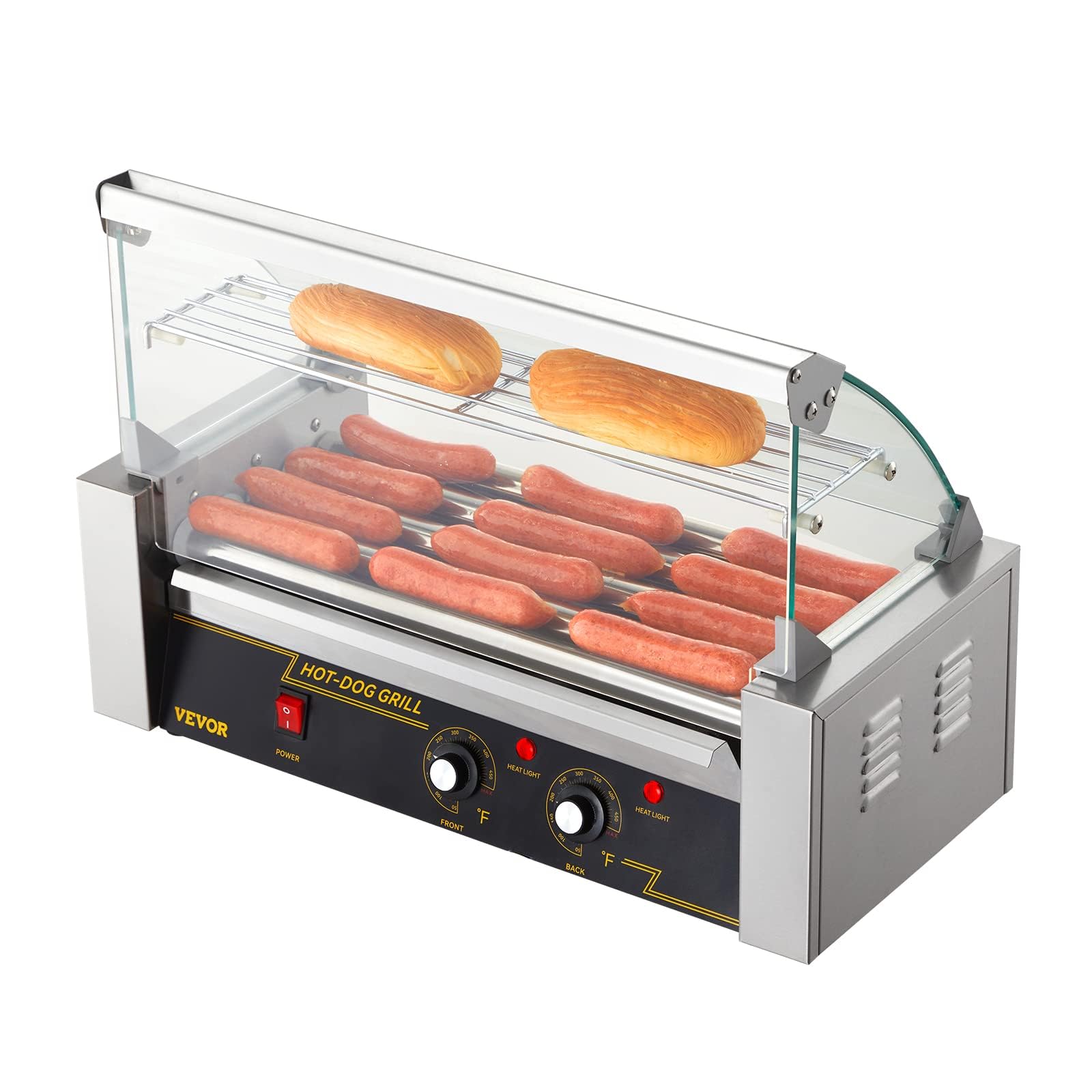 VEVOR Hot Dog Roller 5 Rollers 12 Hot Dogs Capacity, 750W Stainless Sausage Grill Cooker Machine with Dual Temp Control Glass Hood Acrylic Cover Bun Warmer Shelf Removable Oil Drip Tray ETL Certified