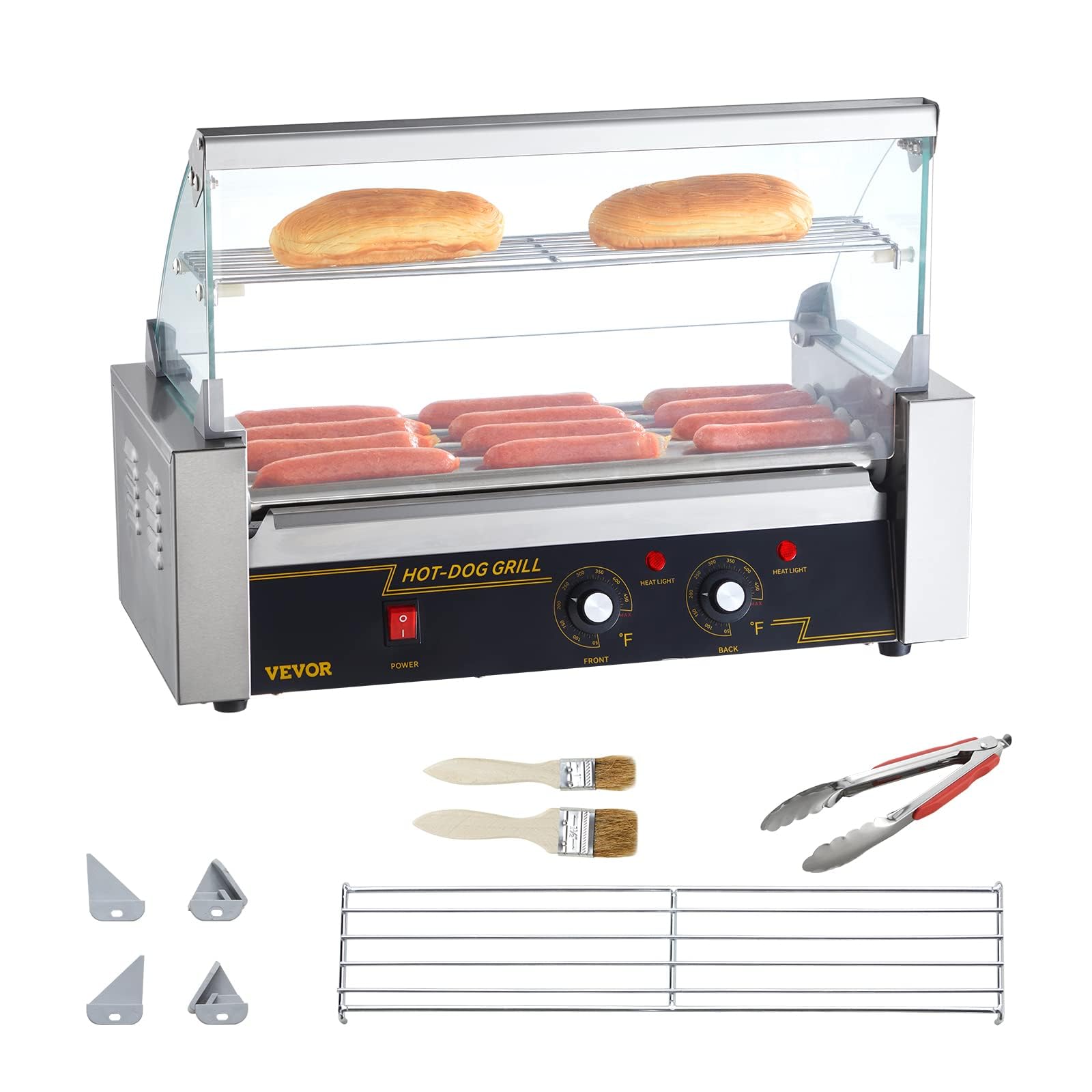 VEVOR Hot Dog Roller 5 Rollers 12 Hot Dogs Capacity, 750W Stainless Sausage Grill Cooker Machine with Dual Temp Control Glass Hood Acrylic Cover Bun Warmer Shelf Removable Oil Drip Tray ETL Certified