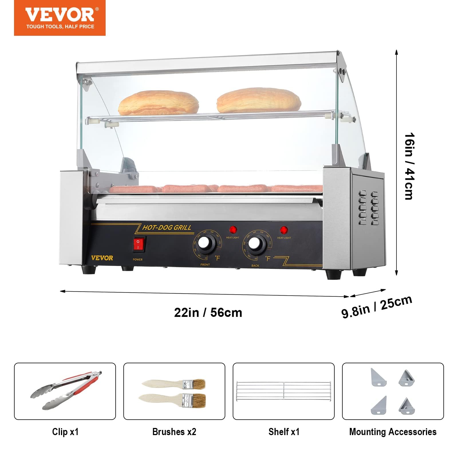 VEVOR Hot Dog Roller 5 Rollers 12 Hot Dogs Capacity, 750W Stainless Sausage Grill Cooker Machine with Dual Temp Control Glass Hood Acrylic Cover Bun Warmer Shelf Removable Oil Drip Tray ETL Certified