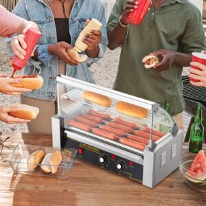 VEVOR Hot Dog Roller 5 Rollers 12 Hot Dogs Capacity, 750W Stainless Sausage Grill Cooker Machine with Dual Temp Control Glass Hood Acrylic Cover Bun Warmer Shelf Removable Oil Drip Tray ETL Certified