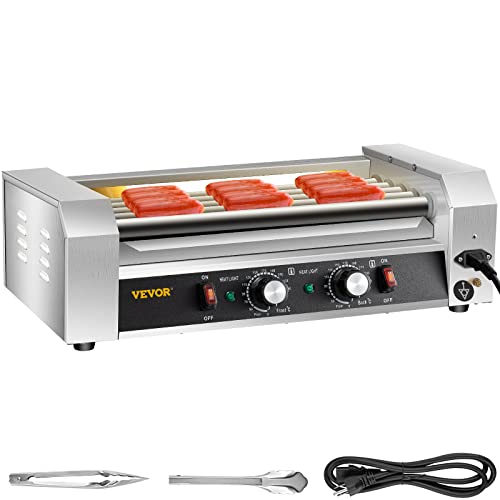 VEVOR Hot Dog Roller, 12 Hot Dog Capacity 5 Rollers, 750W Stainless Steel Cook Warmer Machine with Dual Temp Control, LED Light and Detachable Drip Tray, Sausage Grill Cooker for Kitchen Restaurant