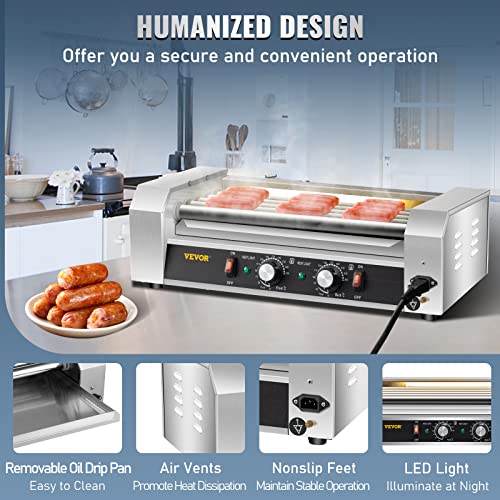 VEVOR Hot Dog Roller, 12 Hot Dog Capacity 5 Rollers, 750W Stainless Steel Cook Warmer Machine with Dual Temp Control, LED Light and Detachable Drip Tray, Sausage Grill Cooker for Kitchen Restaurant