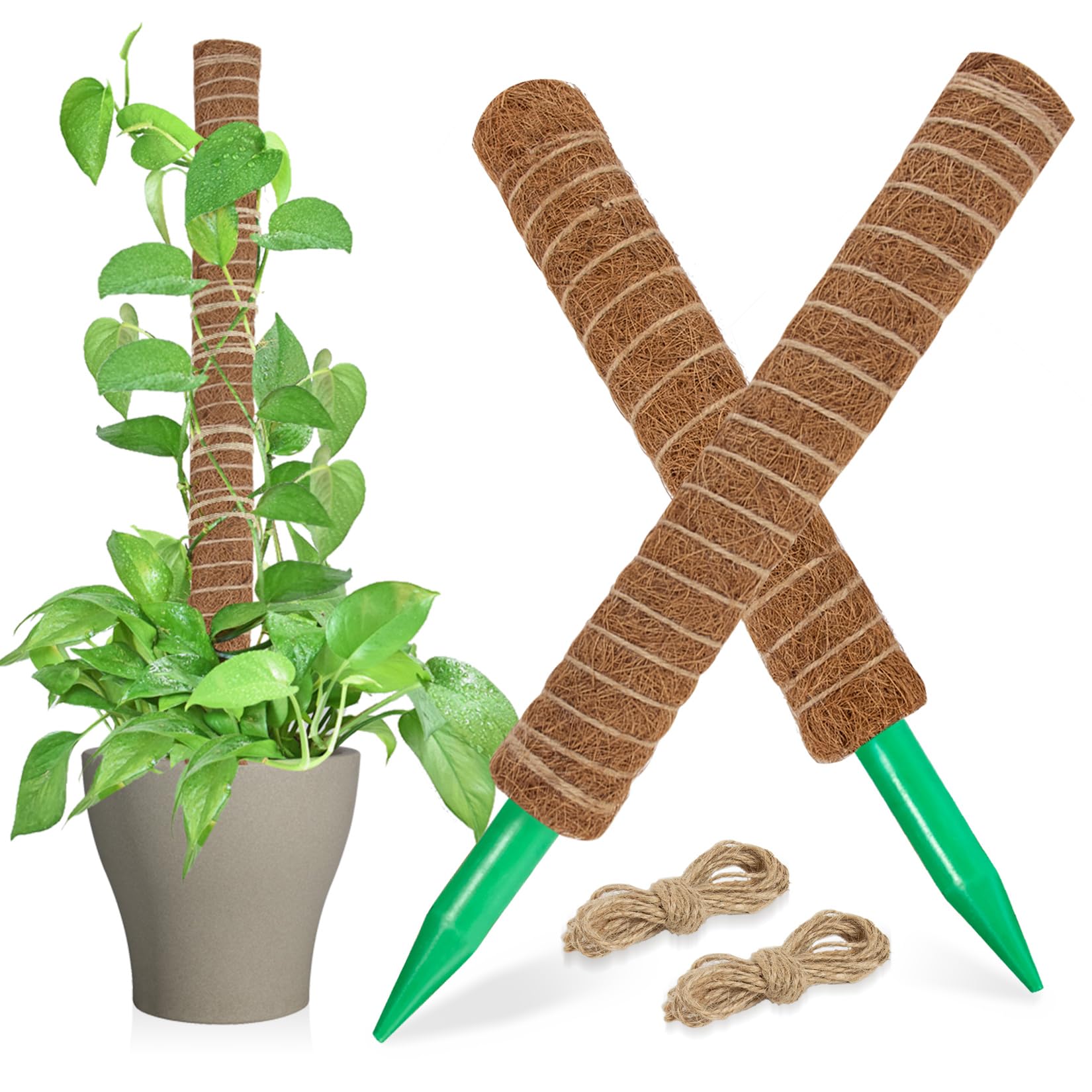 Sukh Moss Totem Pole - Moss Pole for Plants Monstera 2 Pcs 15.7 Inch Coco Coir Pole for Climbing Indoor Potted Plants Training Grow Upwards with Jute String Moss Stick for Plant Support Extension