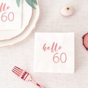 Crisky Rose Gold Hello 60 Cocktail Napkins for Women 60th Birthday Decorations, 3-Ply 60th Birthday Disposable Cake Beverage Dessert Napkins, 50 Pcs