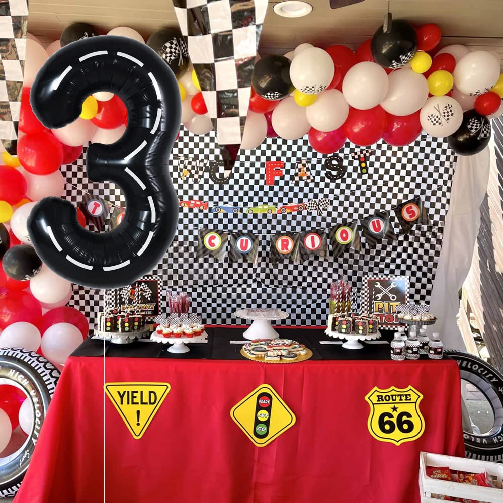 TONIFUL Race Car Black Balloons Car Birthday Party Supplies,40 Inch Giant Jumbo Helium Foil Mylar Big Number 3 Digital Three Balloons for Boys Monster Truck Jam Car Theme Party Decorations