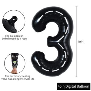 TONIFUL Race Car Black Balloons Car Birthday Party Supplies,40 Inch Giant Jumbo Helium Foil Mylar Big Number 3 Digital Three Balloons for Boys Monster Truck Jam Car Theme Party Decorations