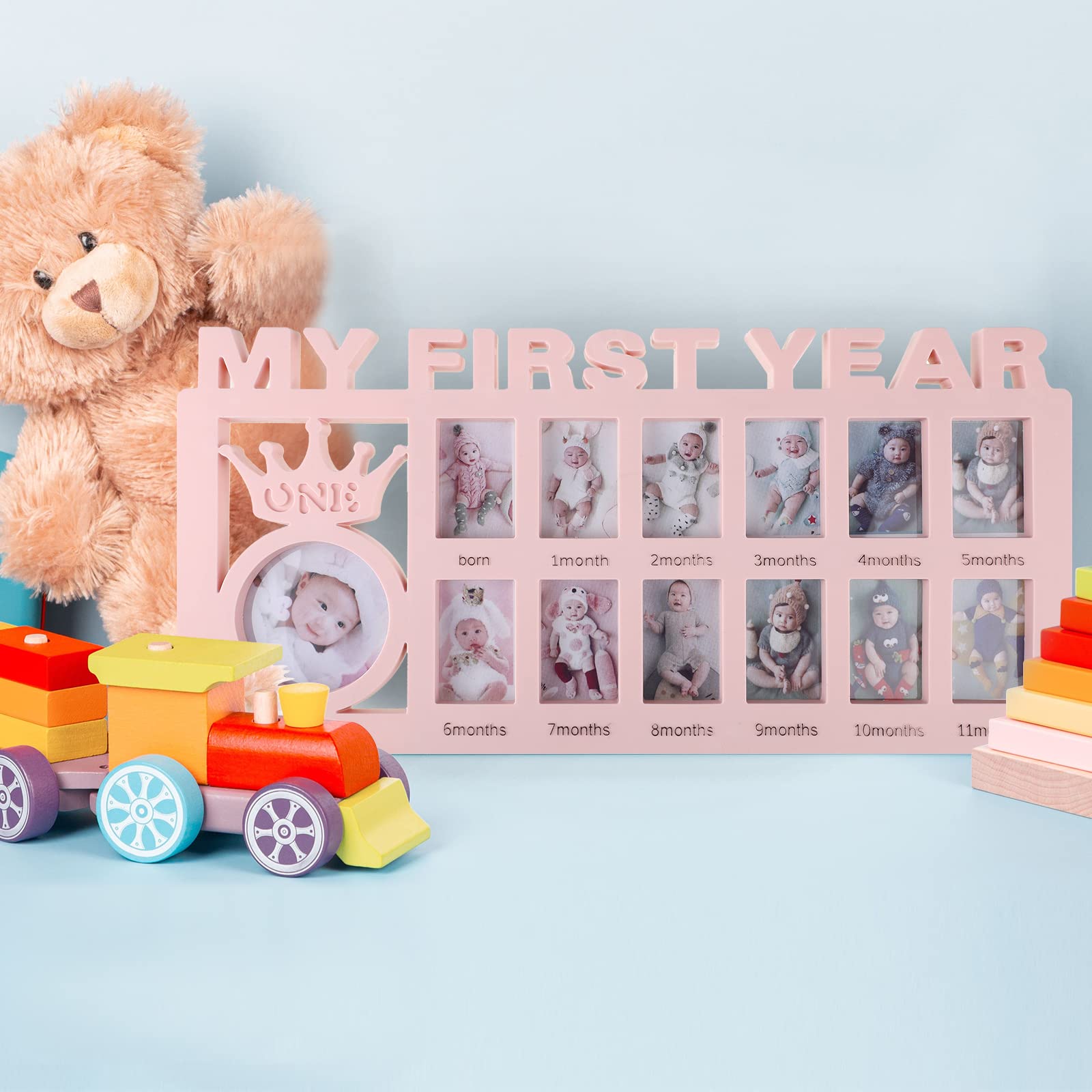 Newborn Baby Picture Frame My First Year Frame Baby Photo Frame 12 Month Baby Keepsake Frames Monthly Milestone Desktop Picture Frame for Photo Memories Baby 1st Birthday Mothers Day Gift (Pink)