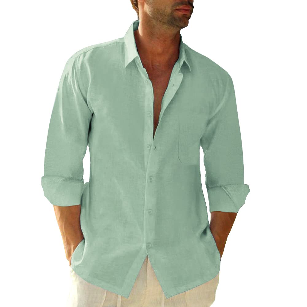 JEKAOYI Button Down Linen Shirts for Men Casual Long Sleeve Regular Fit Cotton Beach Shirts with Pocket Mint Green