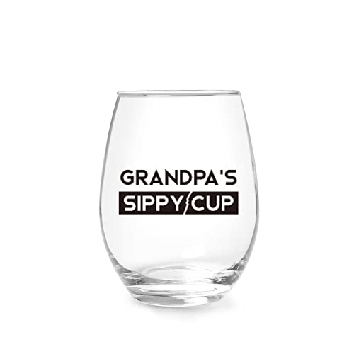 Jogskeor Grandpa's Sippy Cup Wine Glass For Christmas Birthday Fathers Day Clear Stemless Wine Glass Grandpa Funny Gifts For Grandpa From grandchildren granddaughter Daughter Son Wine Glasses 15oz