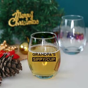 Jogskeor Grandpa's Sippy Cup Wine Glass For Christmas Birthday Fathers Day Clear Stemless Wine Glass Grandpa Funny Gifts For Grandpa From grandchildren granddaughter Daughter Son Wine Glasses 15oz