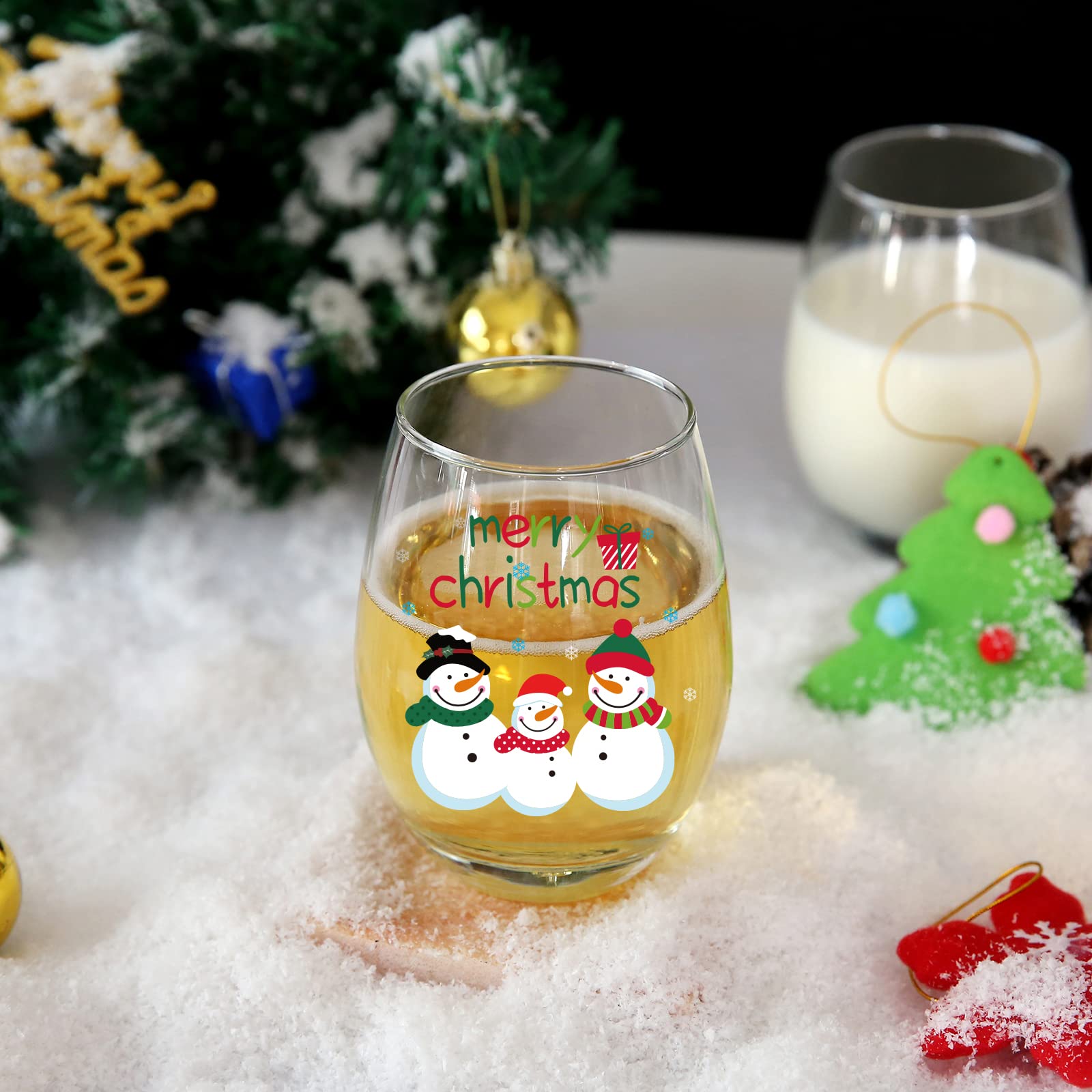 Merry Christmas Wine Glass, 15 Oz New Year Gift Snowman Stemless Wine Glass for Friends Dad Mom Women Men Christmas Wedding Party Winter Holiday Birthday Party