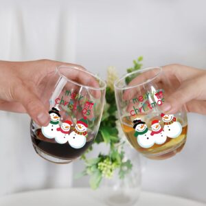 Merry Christmas Wine Glass, 15 Oz New Year Gift Snowman Stemless Wine Glass for Friends Dad Mom Women Men Christmas Wedding Party Winter Holiday Birthday Party