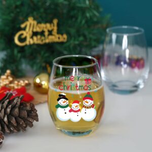 Merry Christmas Wine Glass, 15 Oz New Year Gift Snowman Stemless Wine Glass for Friends Dad Mom Women Men Christmas Wedding Party Winter Holiday Birthday Party