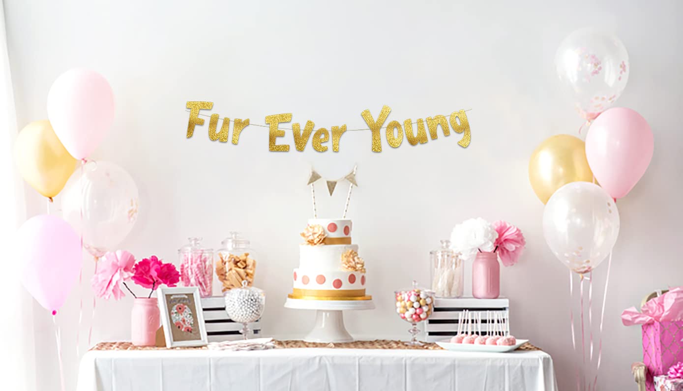 Furever Young Gold Glitter Banner – Dog Birthday Banner – Cat Birthday Decorations – Funny Puppy and Kitten Birthday Party Supplies and Gifts