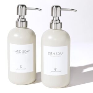 gracehomewares stoneware ceramic dish soap dispenser for kitchen sink | kitchen soap dispenser set | soap holder bathroom hand soap dispenser | waterproof labels | 2 pack | warm grey w/silver pump