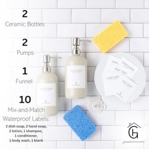 GraceHomewares Stoneware Ceramic Dish Soap Dispenser for Kitchen Sink | Kitchen Soap Dispenser Set | Soap Holder Bathroom Hand Soap Dispenser | Waterproof Labels | 2 Pack | Warm Grey w/Silver Pump