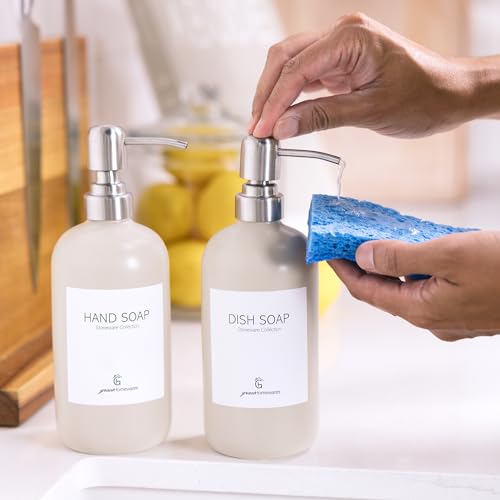 GraceHomewares Stoneware Ceramic Dish Soap Dispenser for Kitchen Sink | Kitchen Soap Dispenser Set | Soap Holder Bathroom Hand Soap Dispenser | Waterproof Labels | 2 Pack | Warm Grey w/Silver Pump