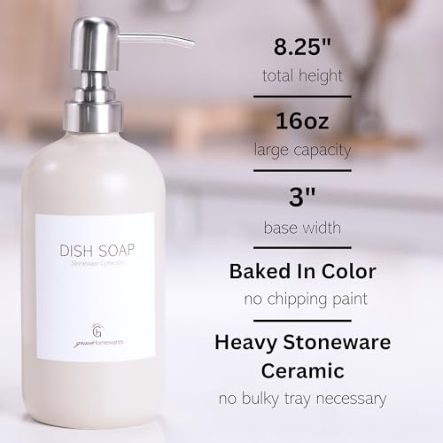 GraceHomewares Stoneware Ceramic Dish Soap Dispenser for Kitchen Sink | Kitchen Soap Dispenser Set | Soap Holder Bathroom Hand Soap Dispenser | Waterproof Labels | 2 Pack | Warm Grey w/Silver Pump