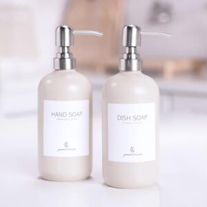 GraceHomewares Stoneware Ceramic Dish Soap Dispenser for Kitchen Sink | Kitchen Soap Dispenser Set | Soap Holder Bathroom Hand Soap Dispenser | Waterproof Labels | 2 Pack | Warm Grey w/Silver Pump