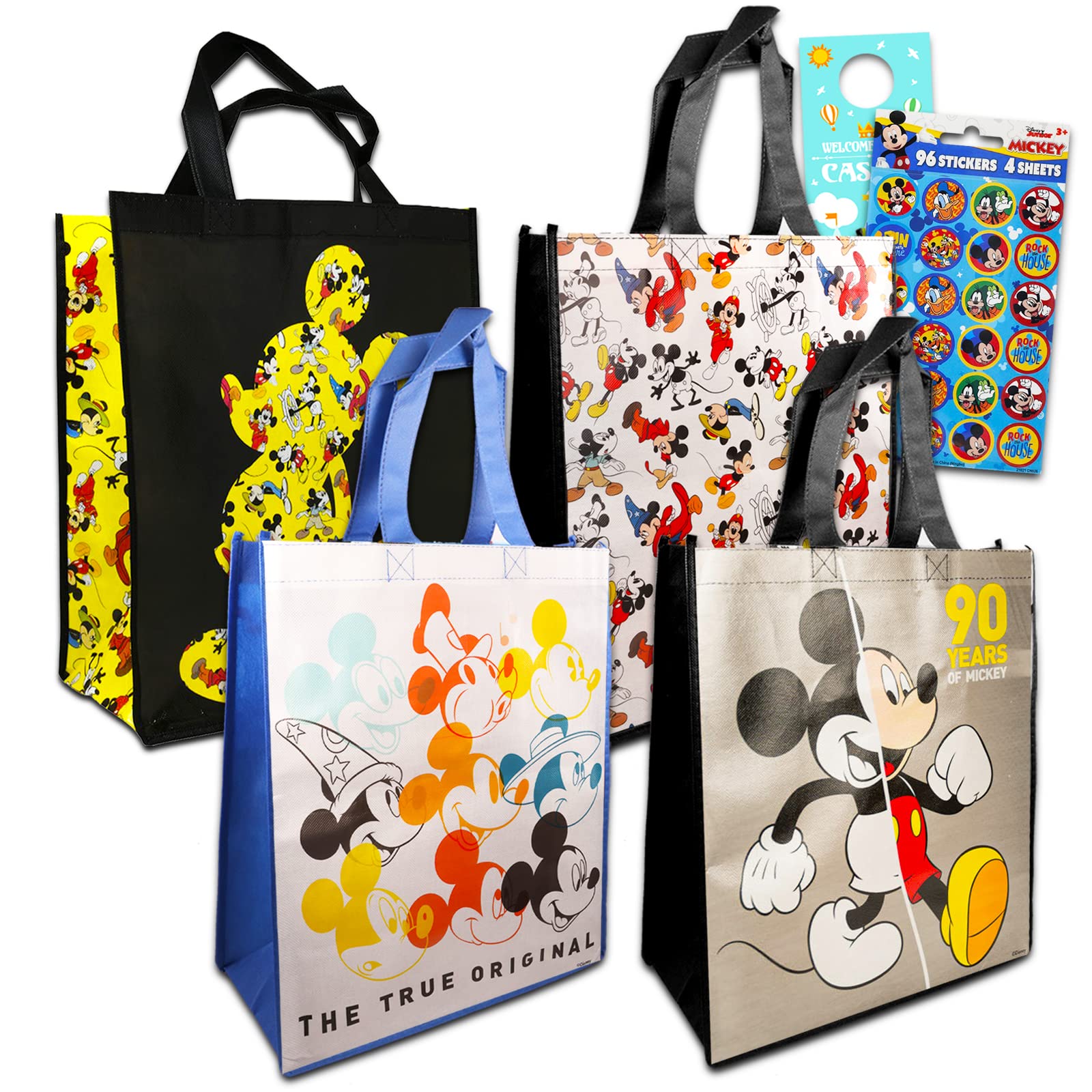 Disney Mickey Mouse Tote Bags for Kids, Adults - 4 Pc Bundle with Disney 100th Anniversary Mickey Mouse Tote Bags Plus Stickers, More | Mickey Totes