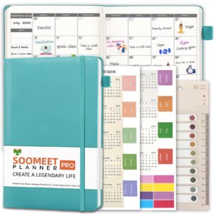 soomeet planner, undated weekly planner, goal planner, calendar stickers, faux leather cover, time management manual and planner, a5 hardcover with ruler, 200 pages, lake blue