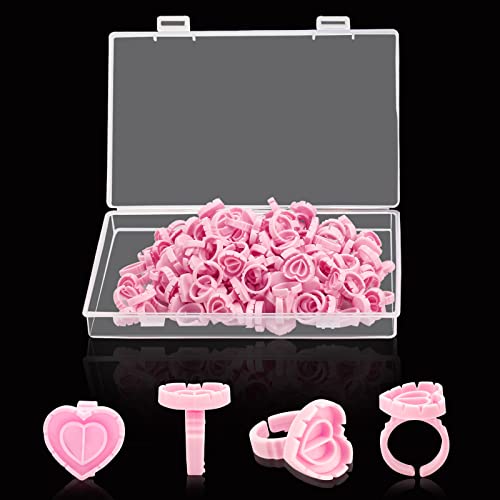 100PCS Disposable Glue Rings for Eyelash Extensions - Heart-Shaped Lash Fan Blossom Supplies with Storage Box - Perfect for Professional Beauty Salons and Individual Lash Techs - Pink