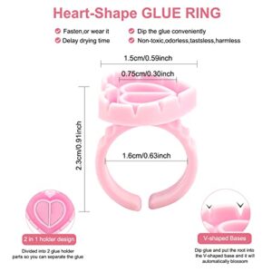 100PCS Disposable Glue Rings for Eyelash Extensions - Heart-Shaped Lash Fan Blossom Supplies with Storage Box - Perfect for Professional Beauty Salons and Individual Lash Techs - Pink