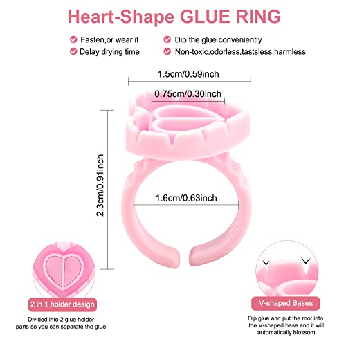 100PCS Disposable Glue Rings for Eyelash Extensions - Heart-Shaped Lash Fan Blossom Supplies with Storage Box - Perfect for Professional Beauty Salons and Individual Lash Techs - Pink