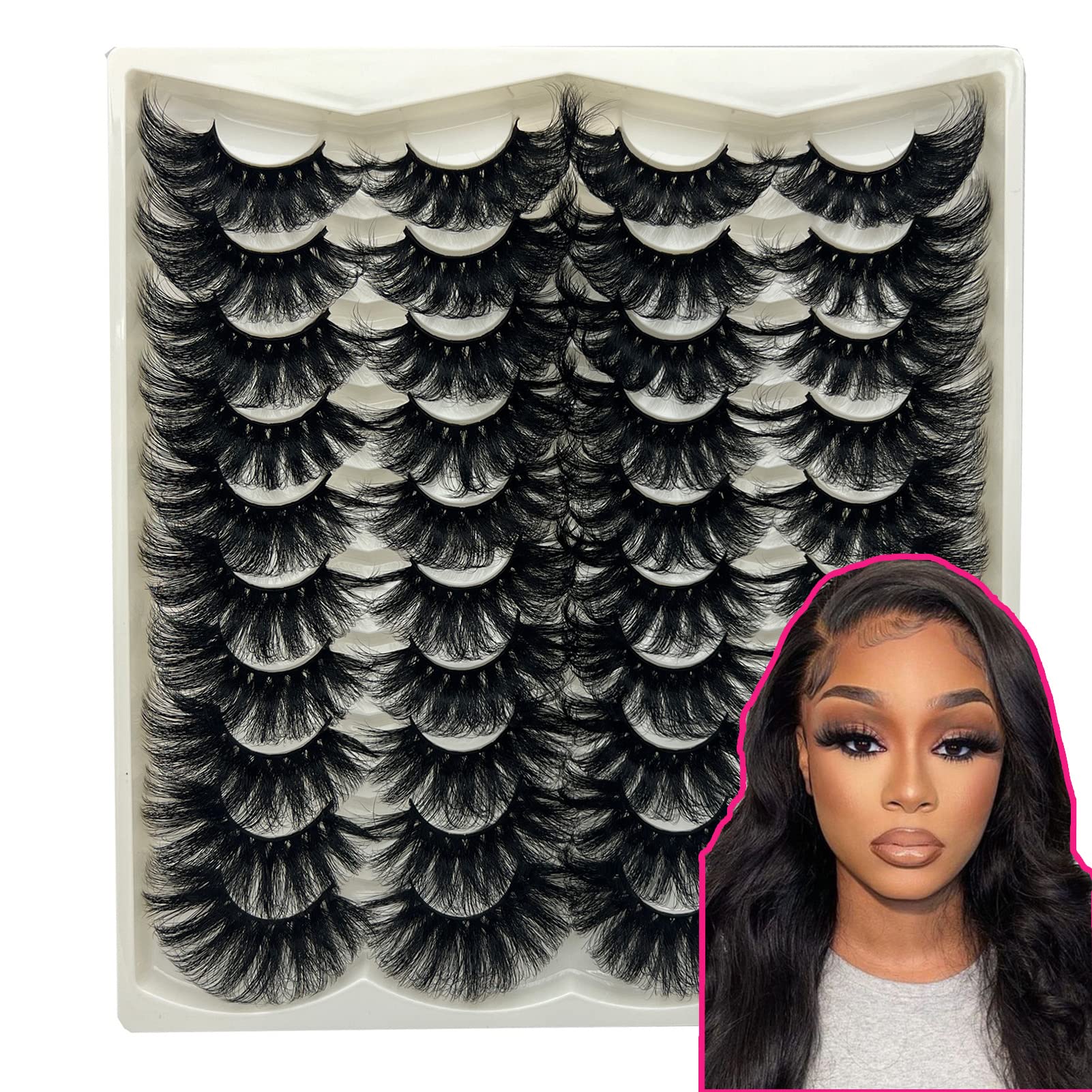 25MM Lashes Mink Fluffy Long 20 Pairs Dramatic 3D Mink Lashes Pack, Reusable 5D Thick Long 25 MM False Mink Eyelashes Bulk