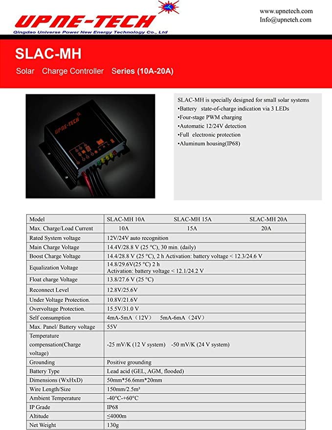 Solar Charge Controller IP68 ;15A 12V/24V Solar Panel Battery Intelligent Regulator. Clear readable 5 LED Display of The State of Charge. 4 Stage Charging(Main,Boost, Equalization, Float)