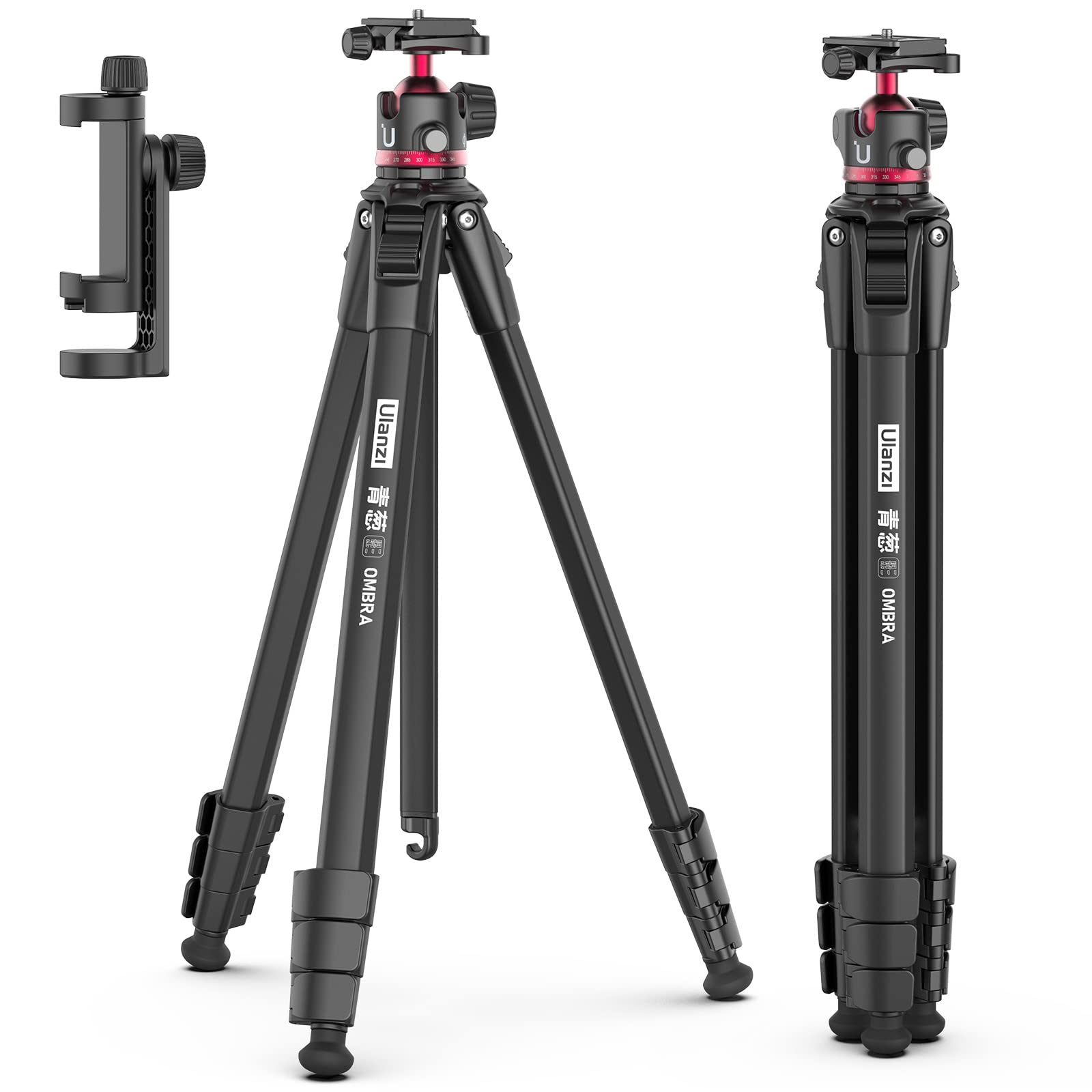 ULANZI MT-55 Travel Camera Tripod Stand, 62.2 inch Video Heavy Duty Tripod Mount for Sony Nikon Canon Fuji DSLR Camera, w Smartphone Clamp - Ombra